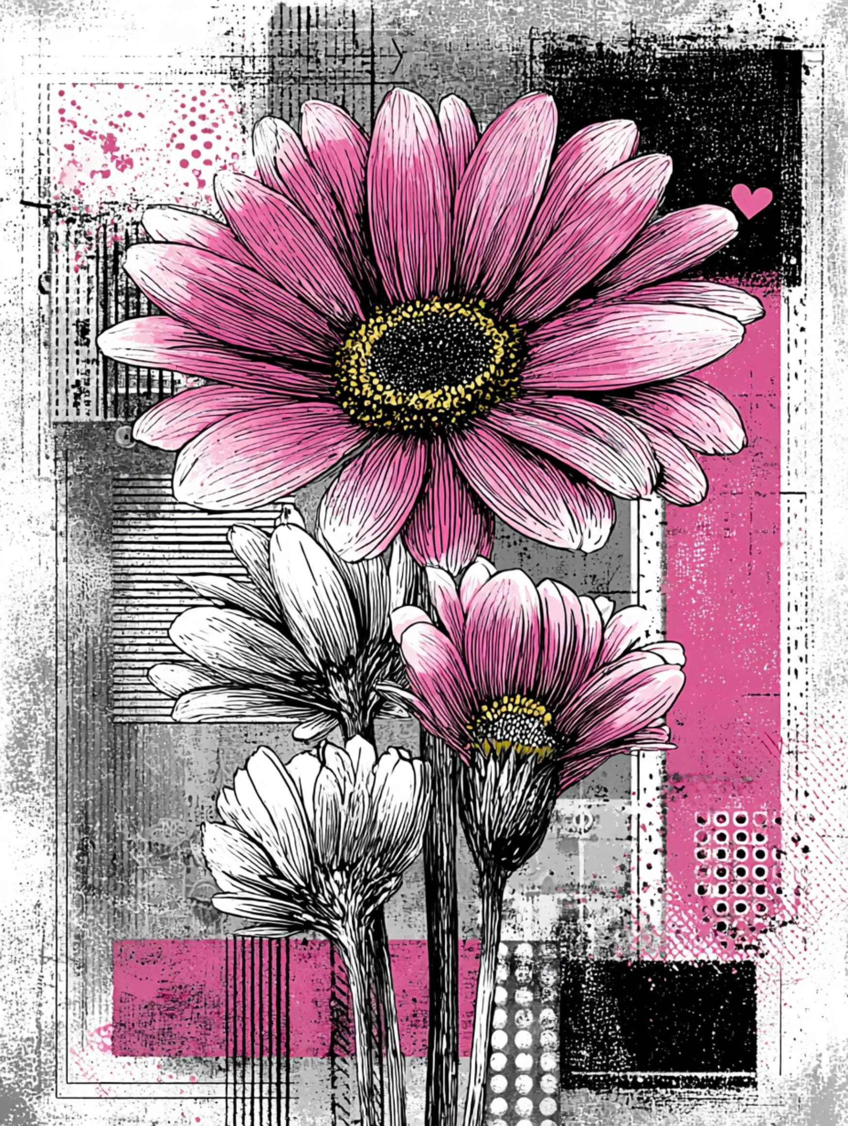 A5 Pink Daisy CLIPART, Grunge Floral Journal Pages, Mixed Media Flower ...